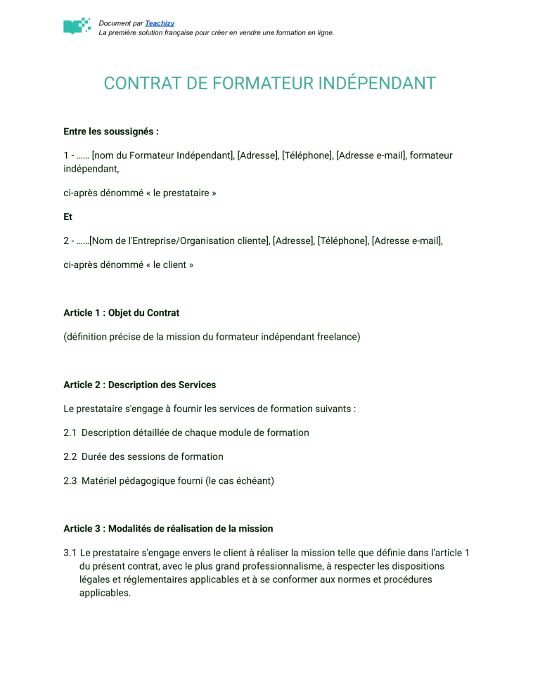Comment faire un contrat formateur indépendant + modèle/exemple PDF et Word