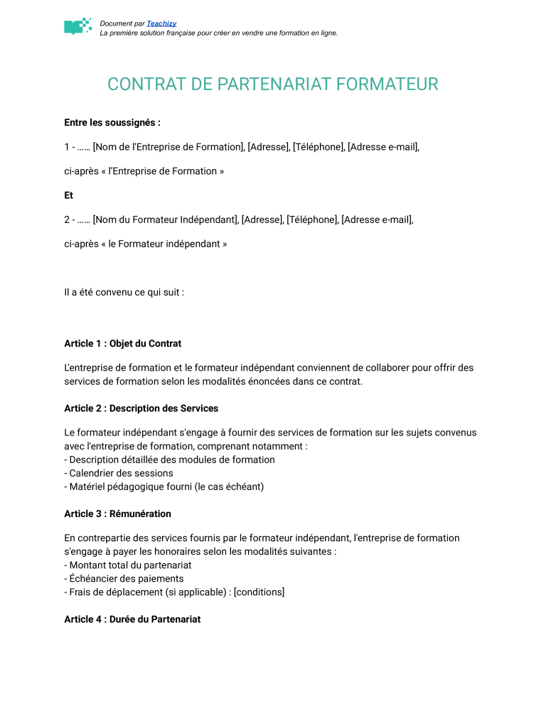 Comment faire un contrat de partenariat formateur + modèle PDF et Word